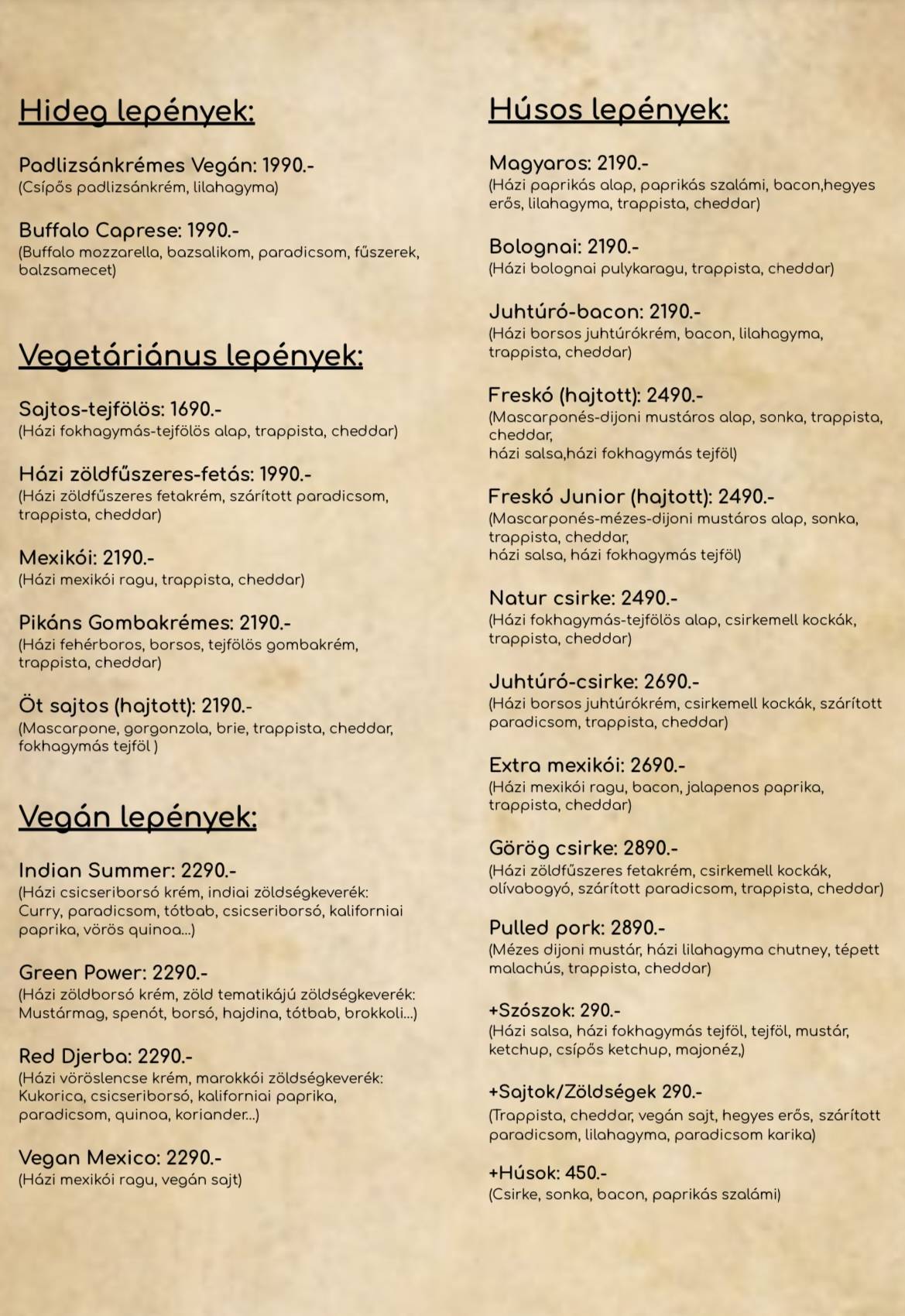 Menu at Fresko Bistro restaurant, Szentendre