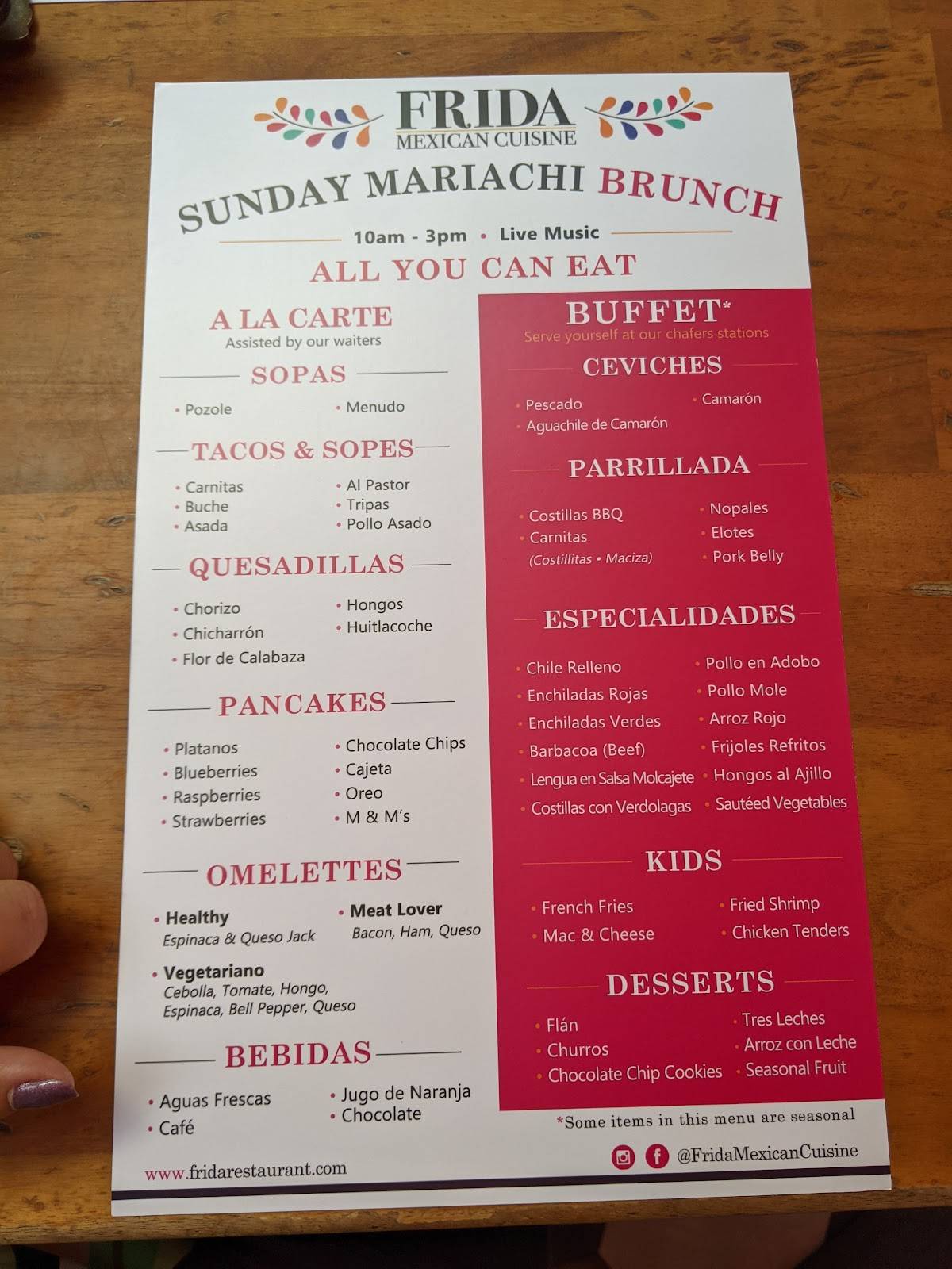 Menu at Frida Mexican Cuisine restaurant, Torrance, Del Amo Cir N