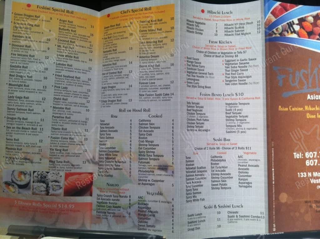 Menu at Fushimi Asian Fusion restaurant, Vestal