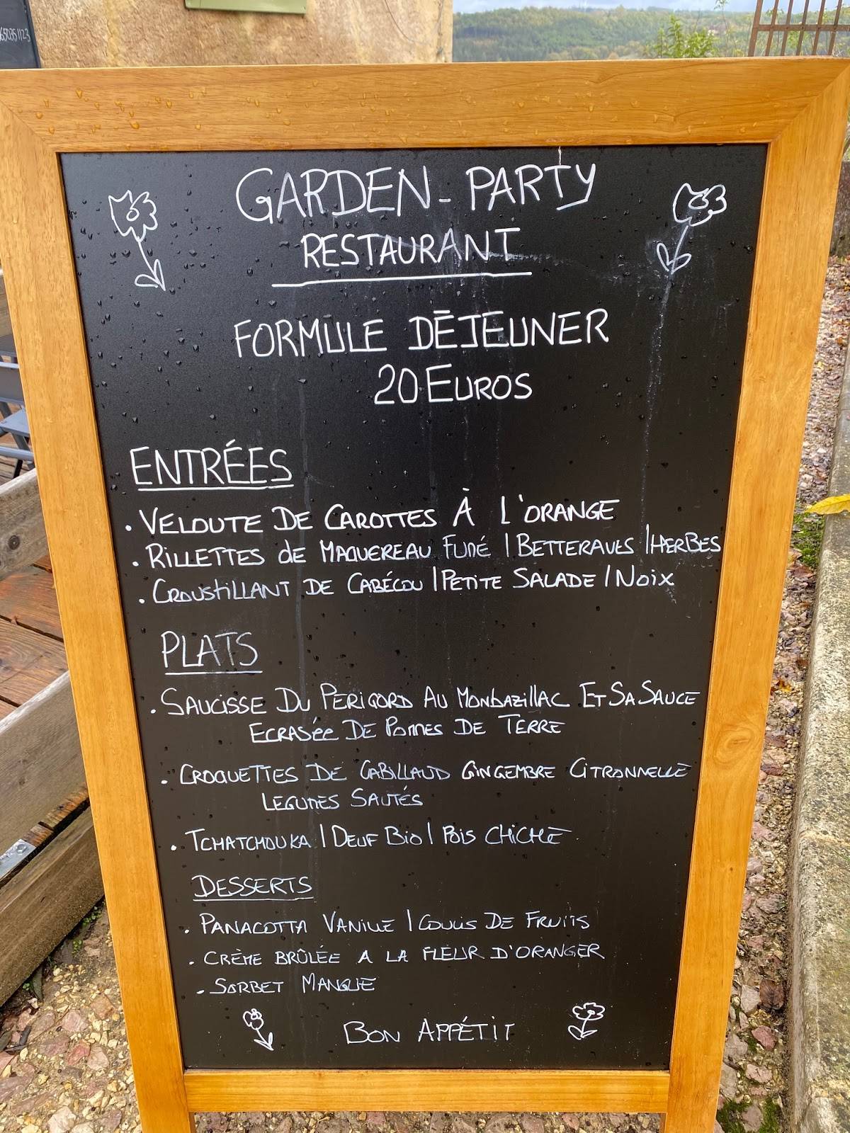 Menu at Garden Party restaurant, Limeuil