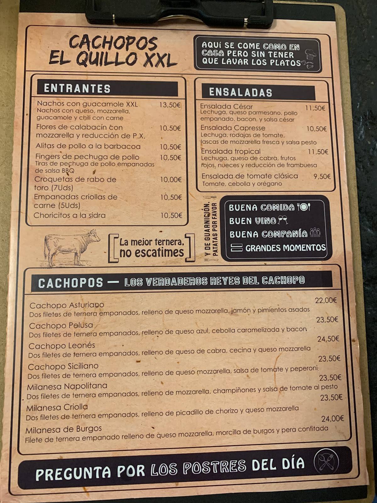 Carta del restaurante Cachopos El Quillo, Getafe