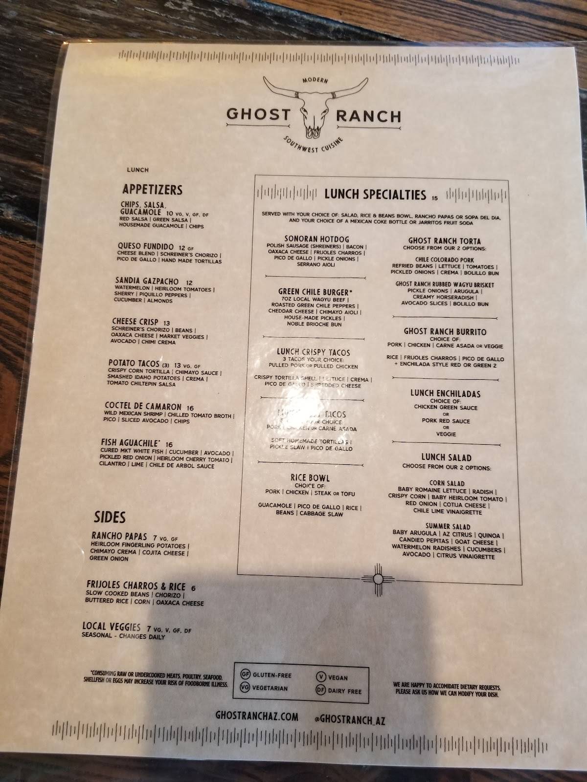 Menu at Ghost Ranch: Modern Southwest Cuisine restaurant, Tempe