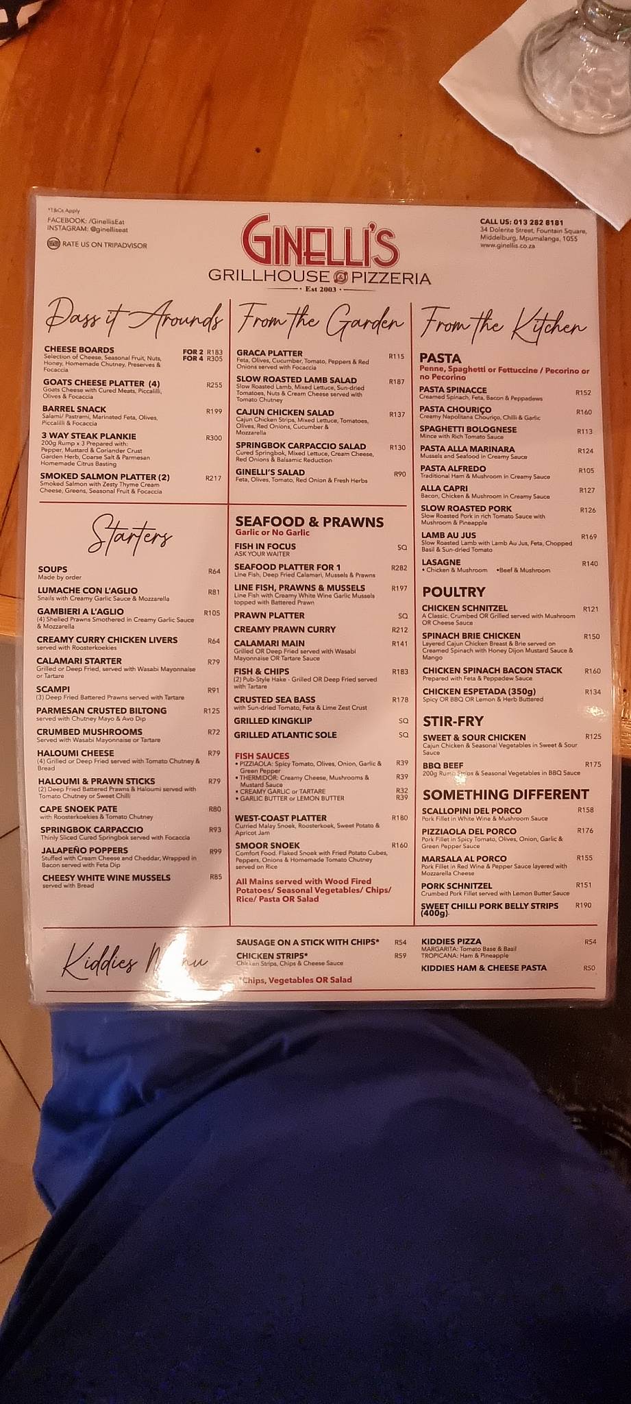 Menu at Ginellis Restaurant, Middelburg, Shop no. 3