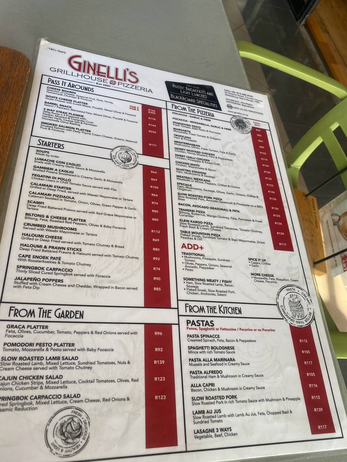 Menu at Ginellis Restaurant, Middelburg, Shop no. 3