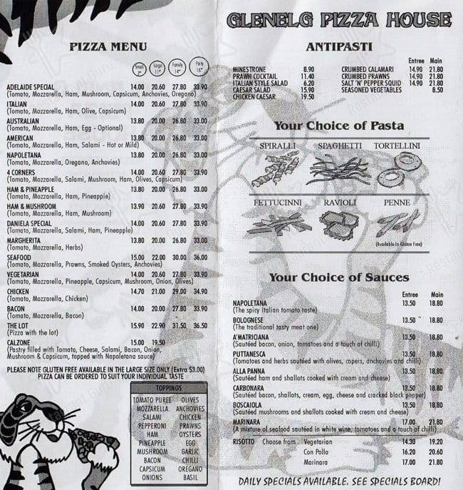 Menu at Glenelg Pizza House pizzeria, Glenelg