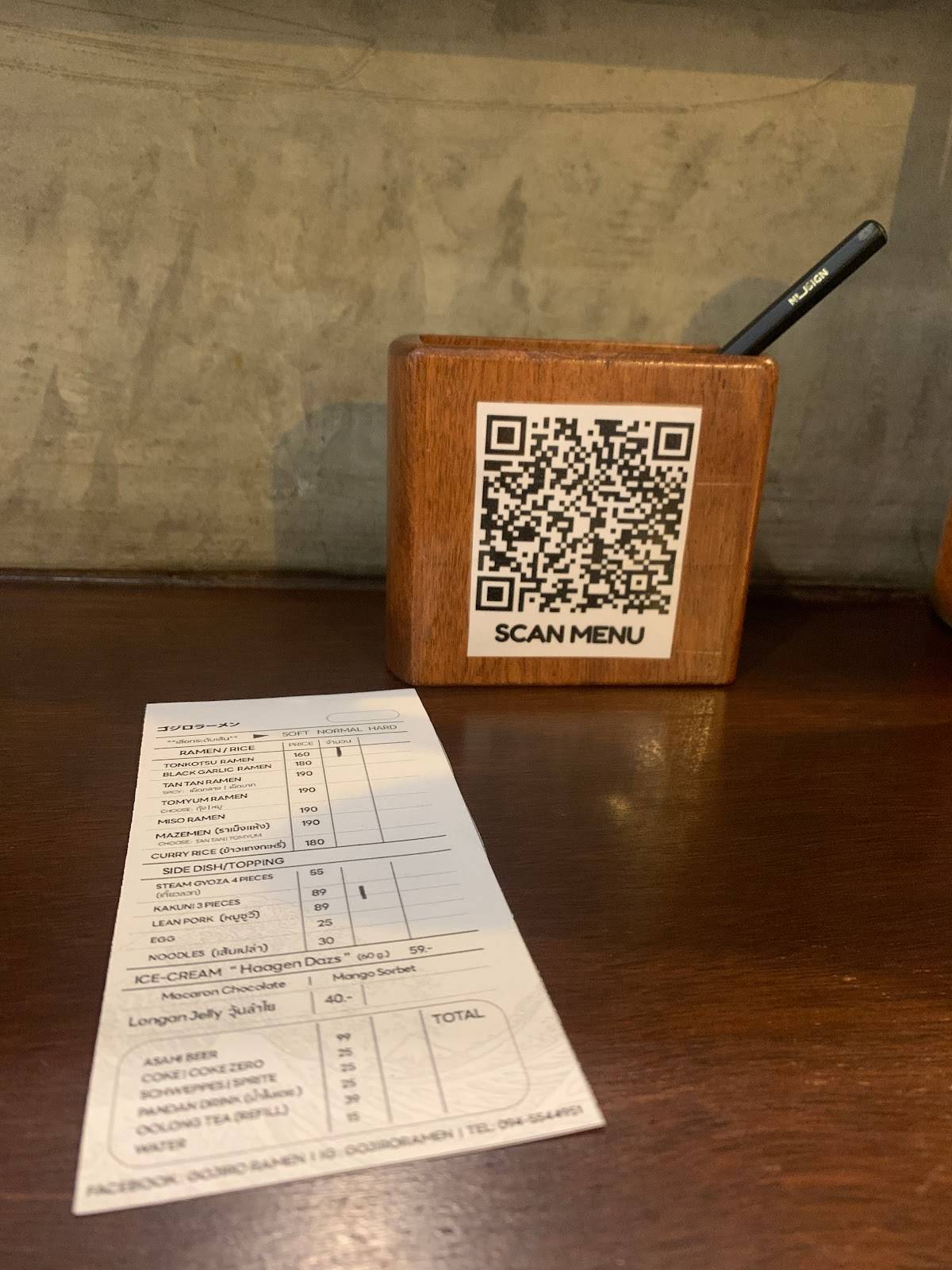 Menu at Gojiro Ramen restaurant, Bangkok