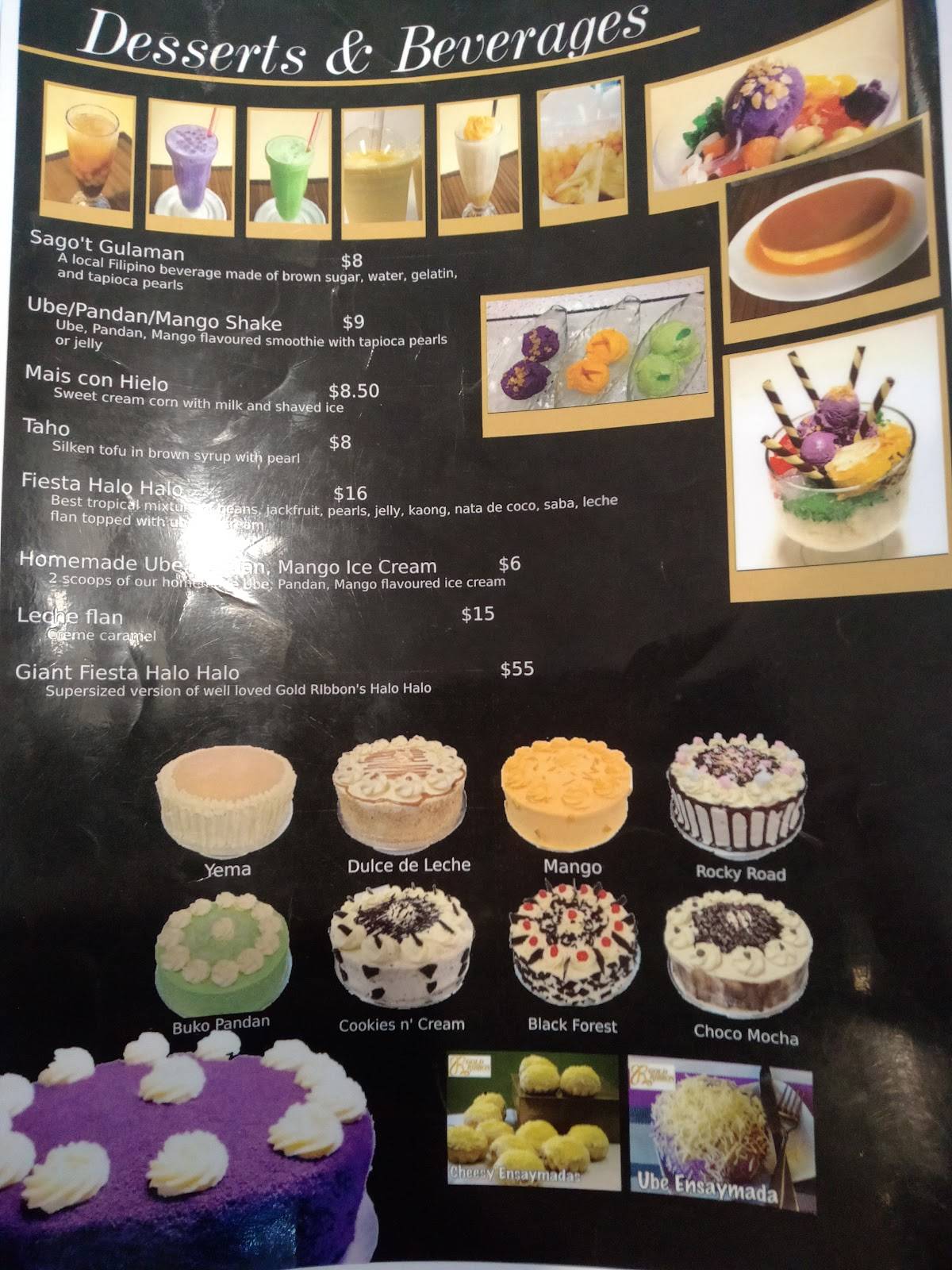 Menu at Gold Ribbon restaurant, Auckland