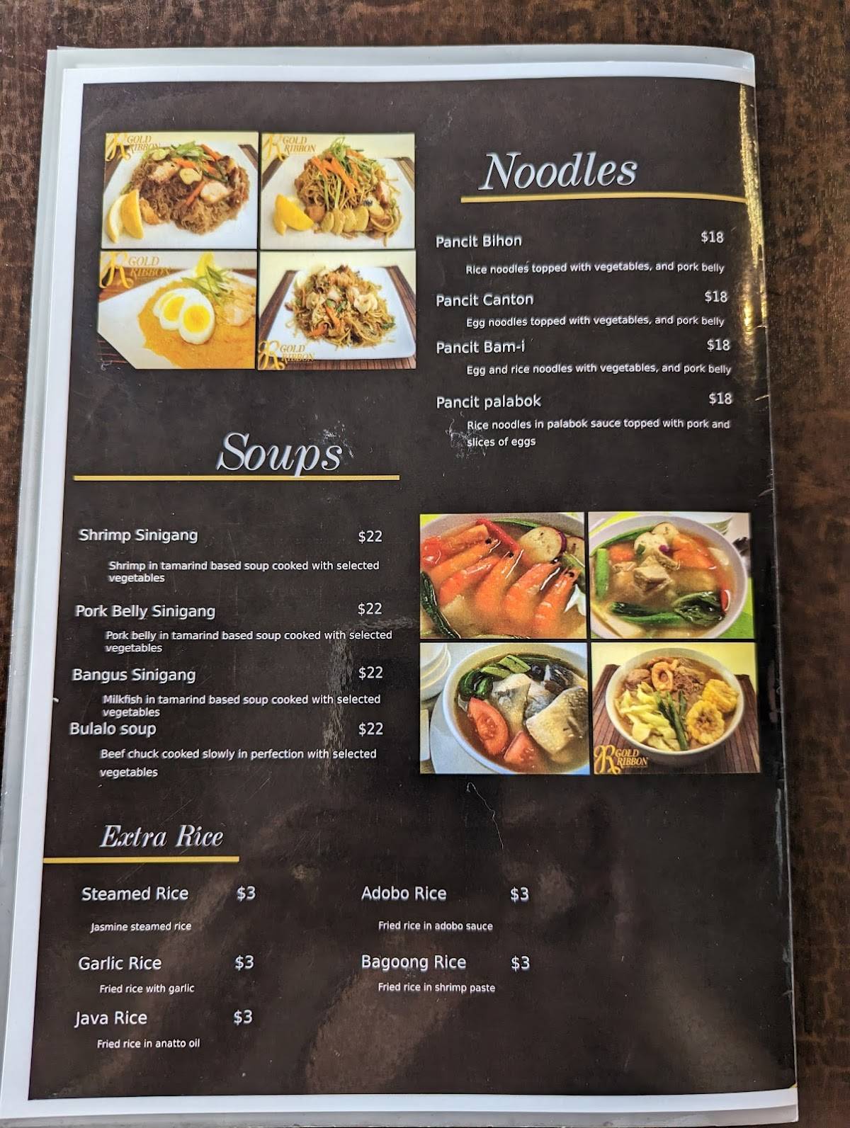 Menu at Gold Ribbon restaurant, Auckland