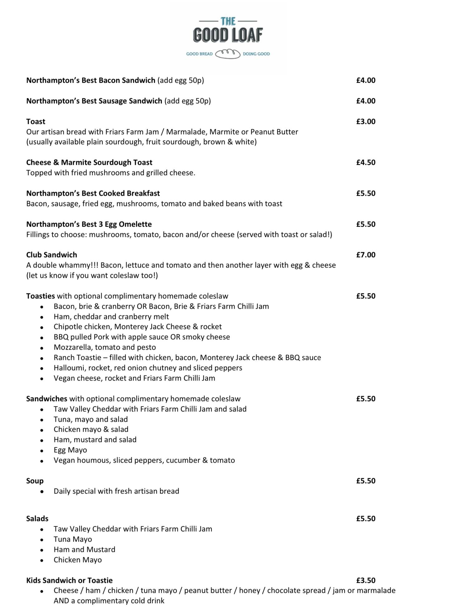 Menu at The Good Loaf cafe, Northampton, 1st