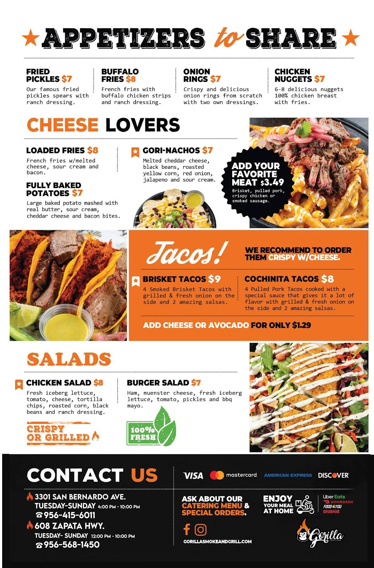 Menu at Gorilla Smoke & Grill restaurant, Laredo