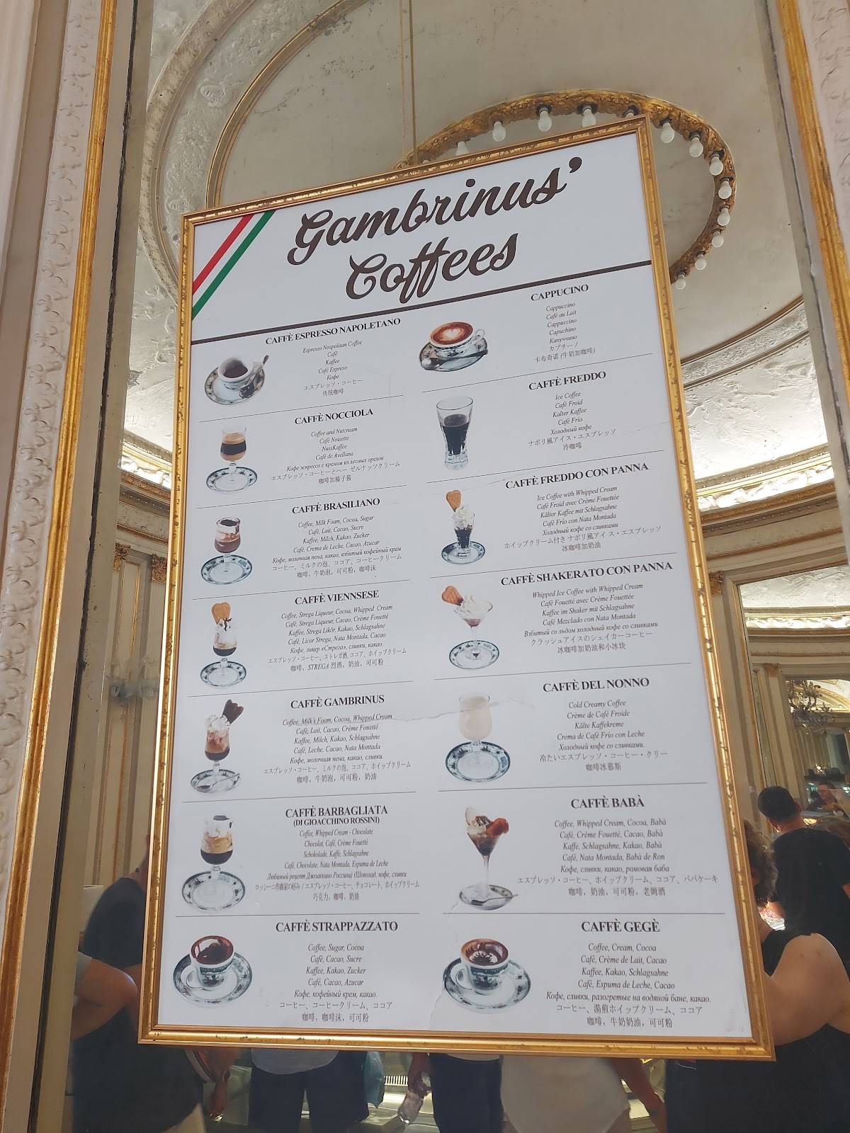 Menu at Gran Caffè Gambrinus cafe, Naples, Via Chiaia