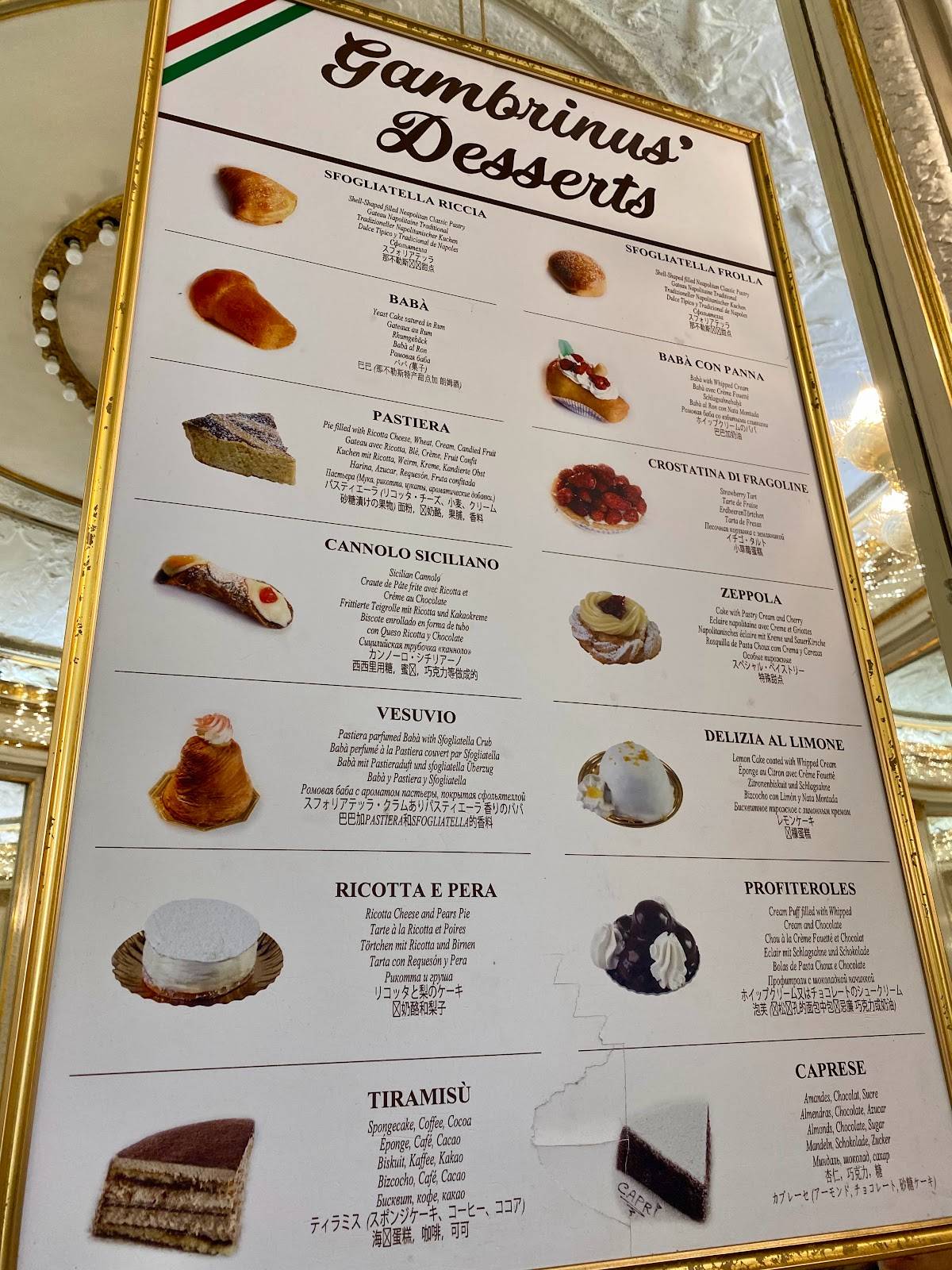 Menu au Gran Caffè Gambrinus café, Naples, Via Chiaia