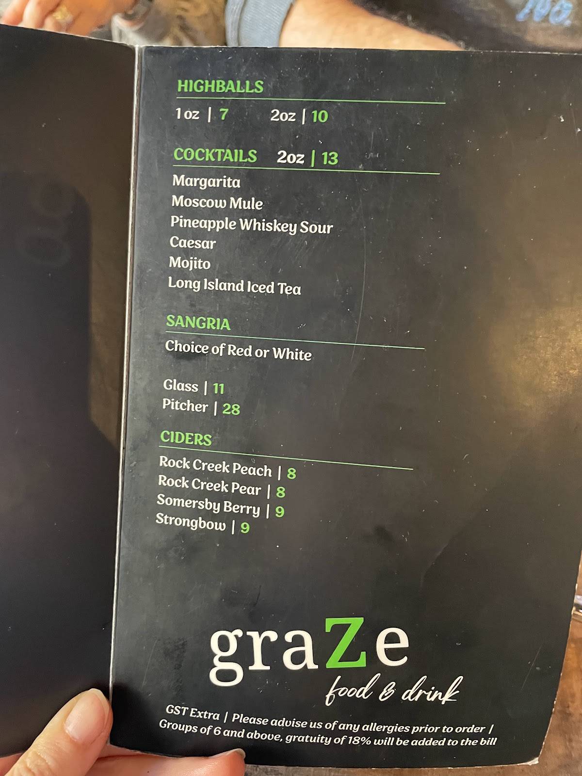 Menu at Graze Food & Drink pub & bar, Canmore