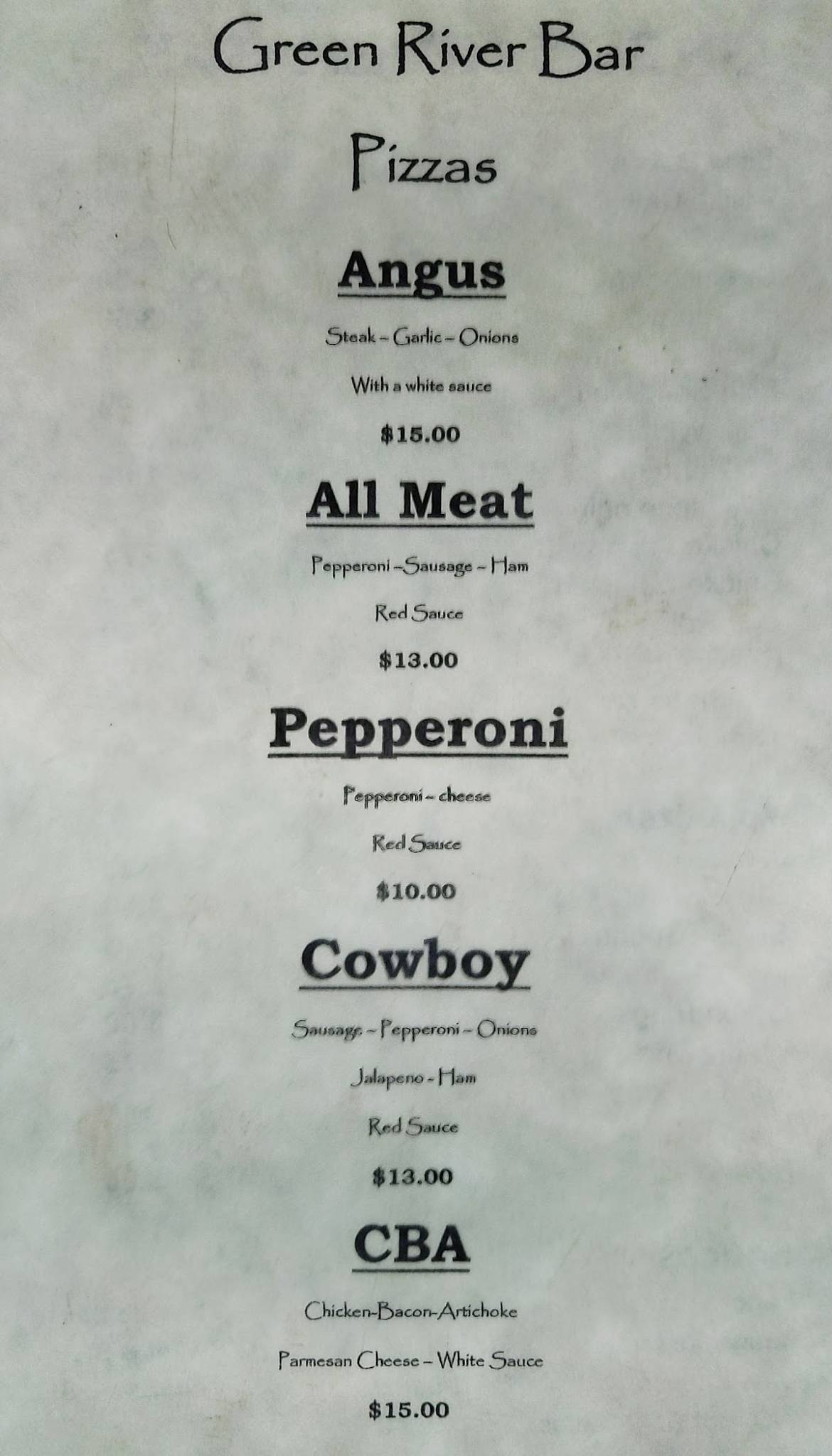 Menu at Green River Bar, Daniel