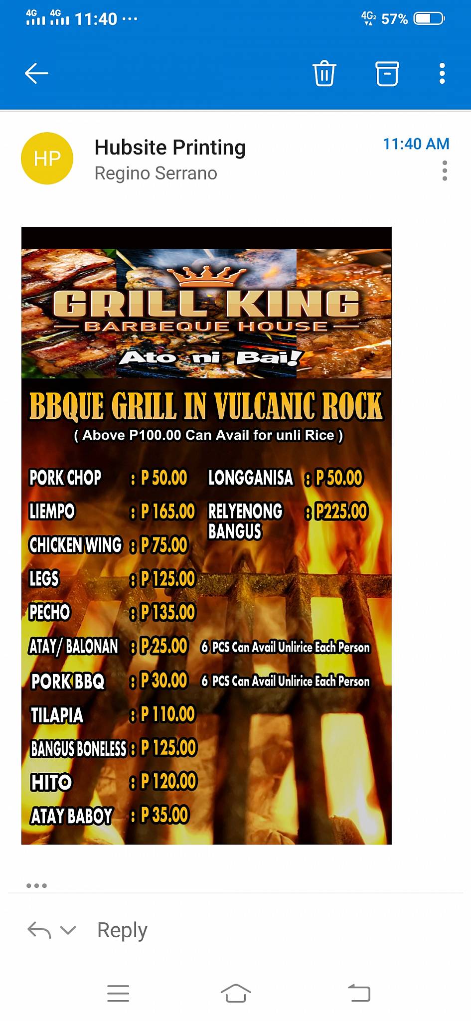 Carta de Grill king barbeque house, Manila