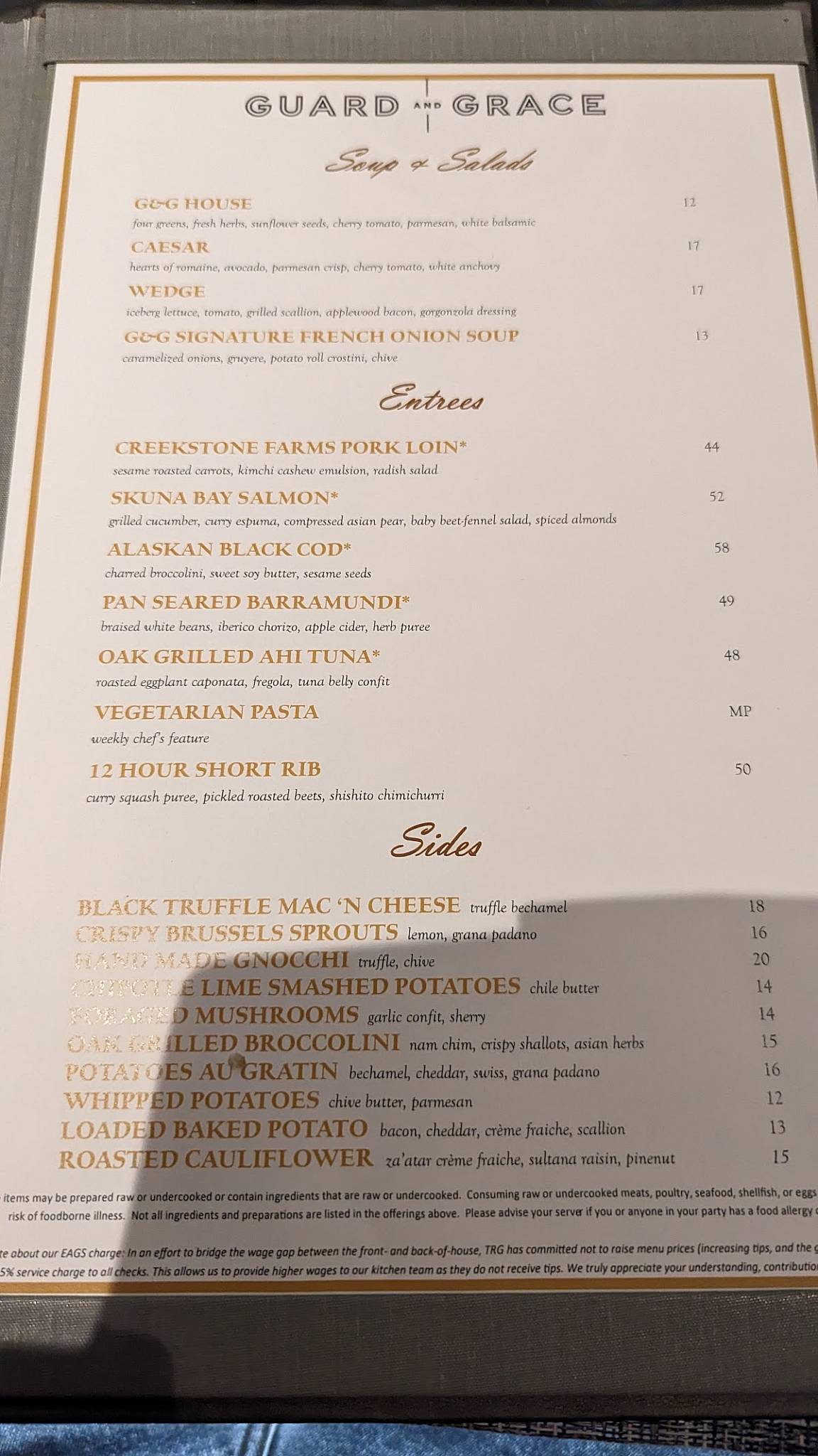 Menu at Guard and Grace steakhouse, Denver