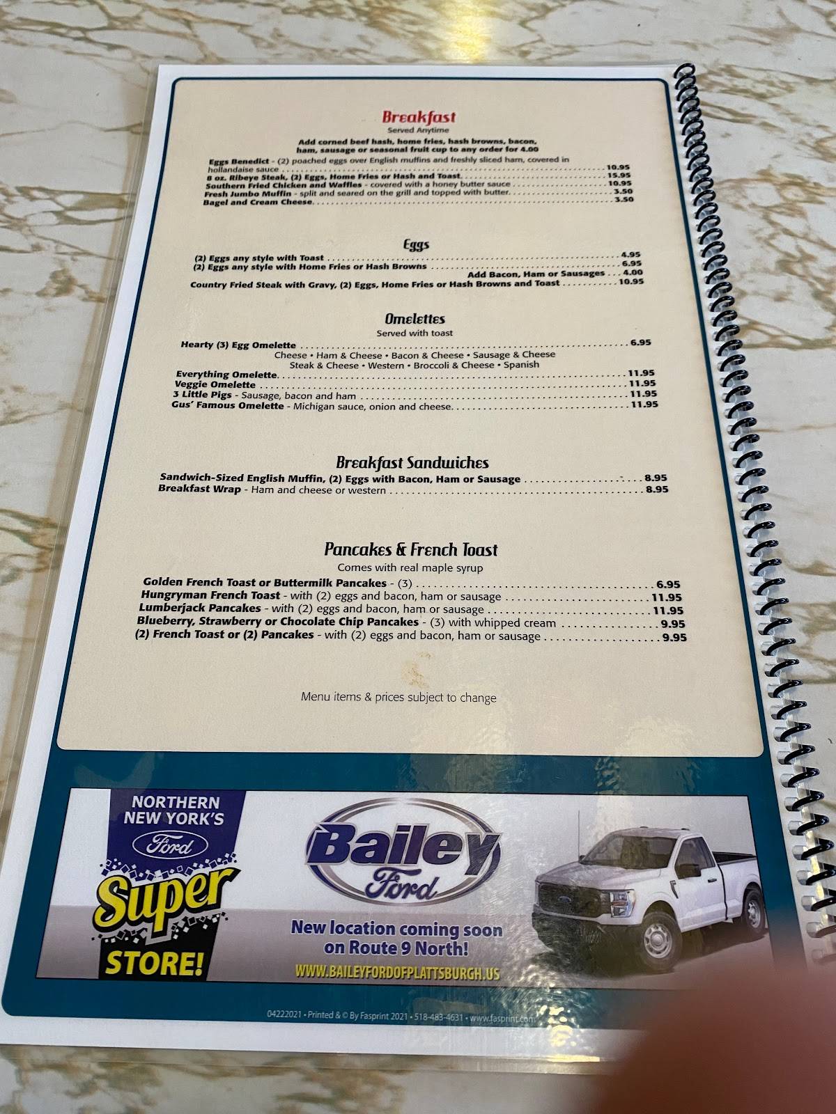 Menu at Gus' Red Hots restaurant, Plattsburgh