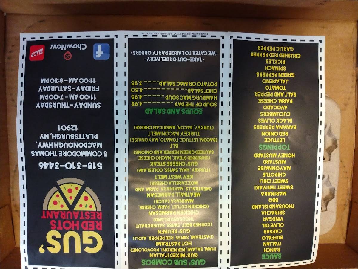 Menu at Gus' Red Hots restaurant, Plattsburgh