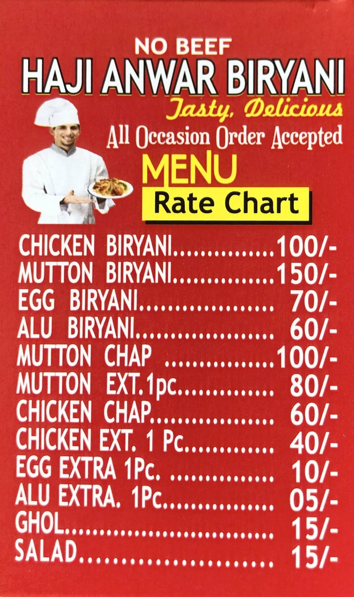 Menu at Haji Anwar Biryani, Kolkata
