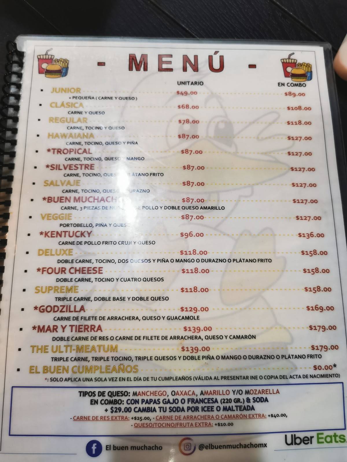 Carta del restaurante Hamburguesas "El buen muchacho", Mexico