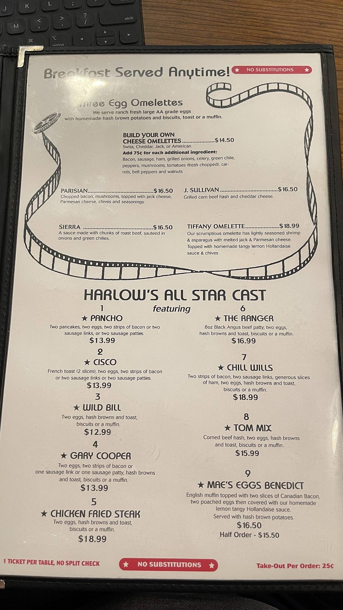 Menu at Harlow's Cafe, Tempe