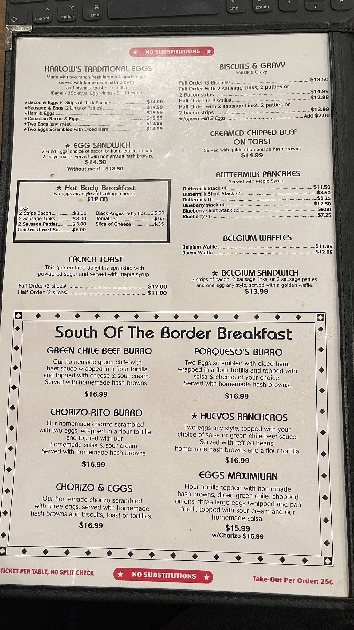 Menu at Harlow's Cafe, Tempe