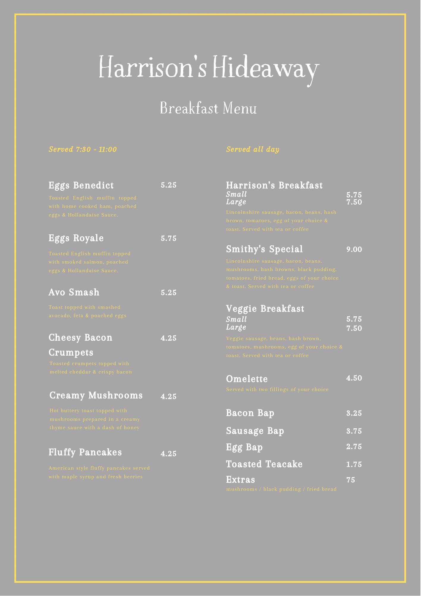 Menu at Harrison's Hideaway fishing tackle, bait & Café restaurant, Brigg