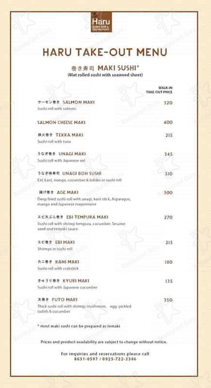 Menu at Haru Sushi Bar & Restaurant, Pasig