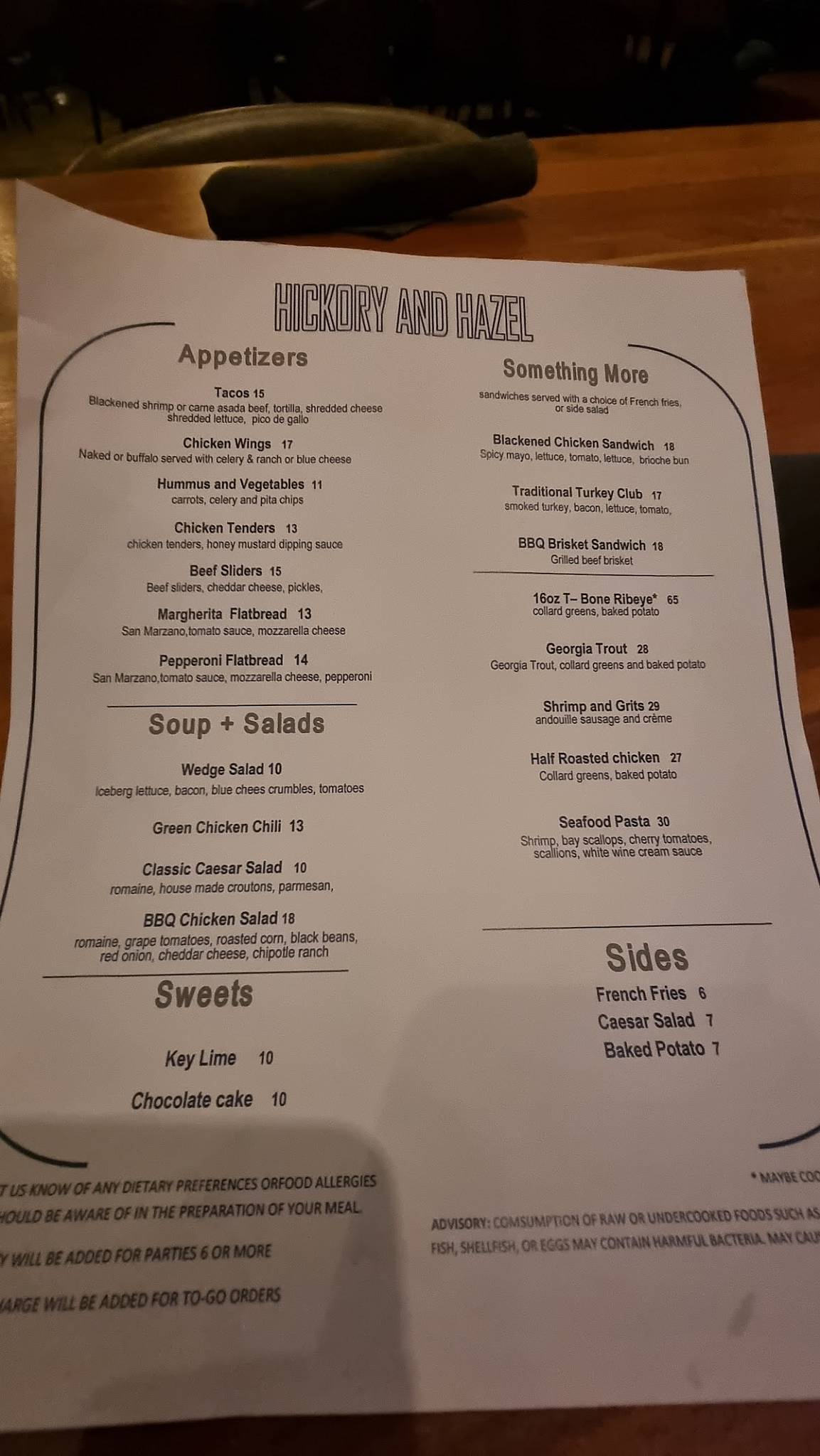 Menu at Hickory and Hazel, Renaissance Hotel pub & bar, Atlanta