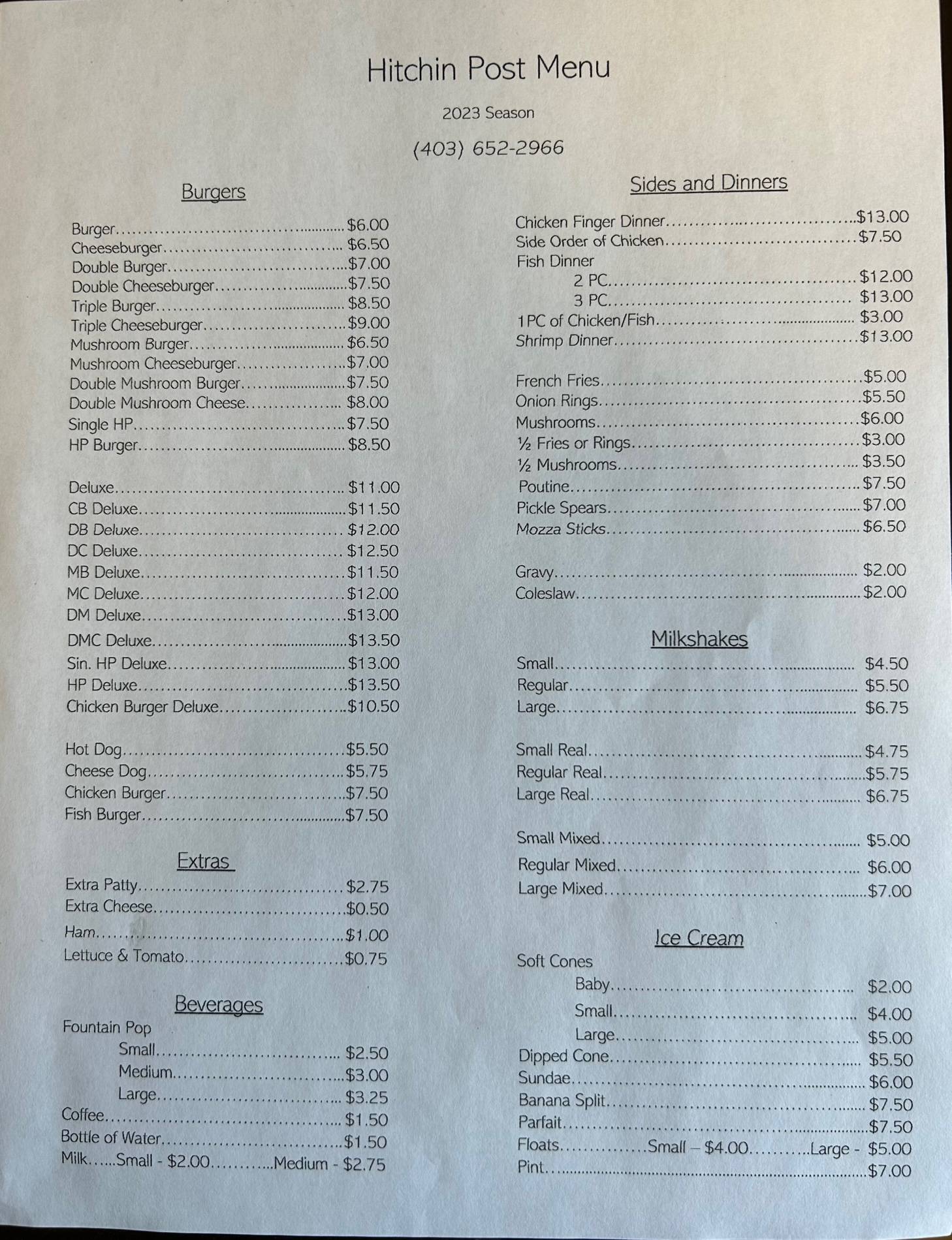 Menu at Hitchin Post Drive-In restaurant, High River, 14 12 Ave SE