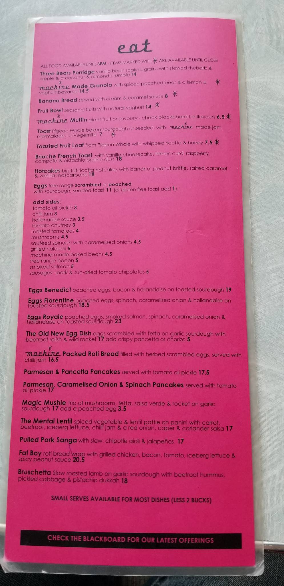 Menu at Machine Laundry Cafe, Battery Point