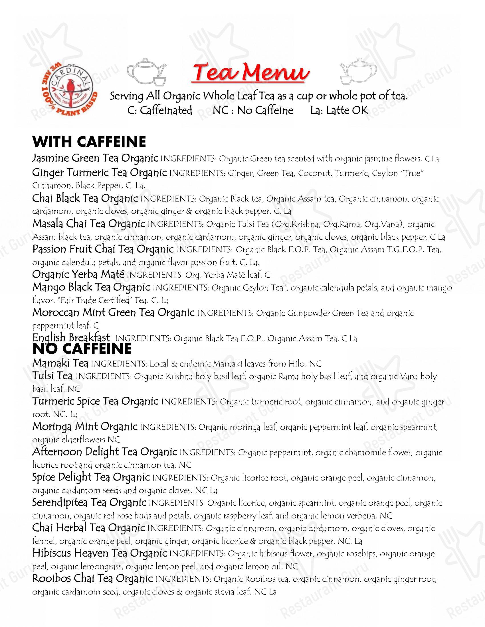 Menu at The CARDINAL Herbs, teas and Spices restaurant, Honokaa