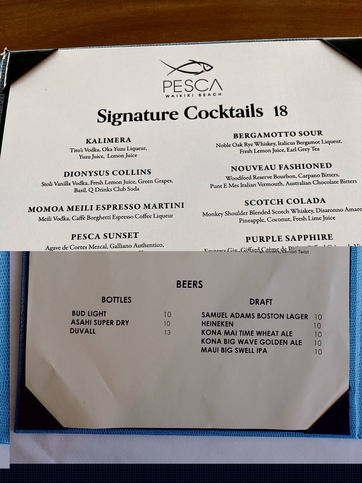 Menu at PESCA Waikiki Beach restaurant, Honolulu
