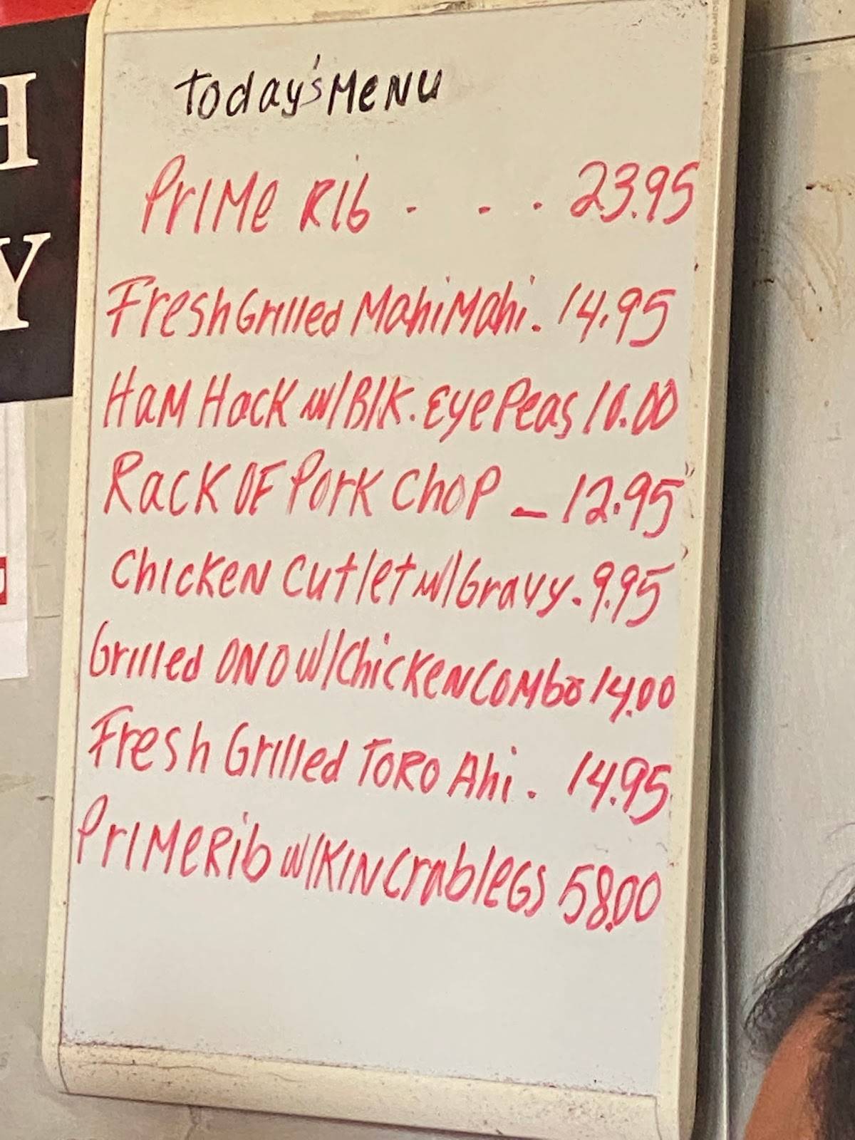Menu at Ray's Cafe, Honolulu