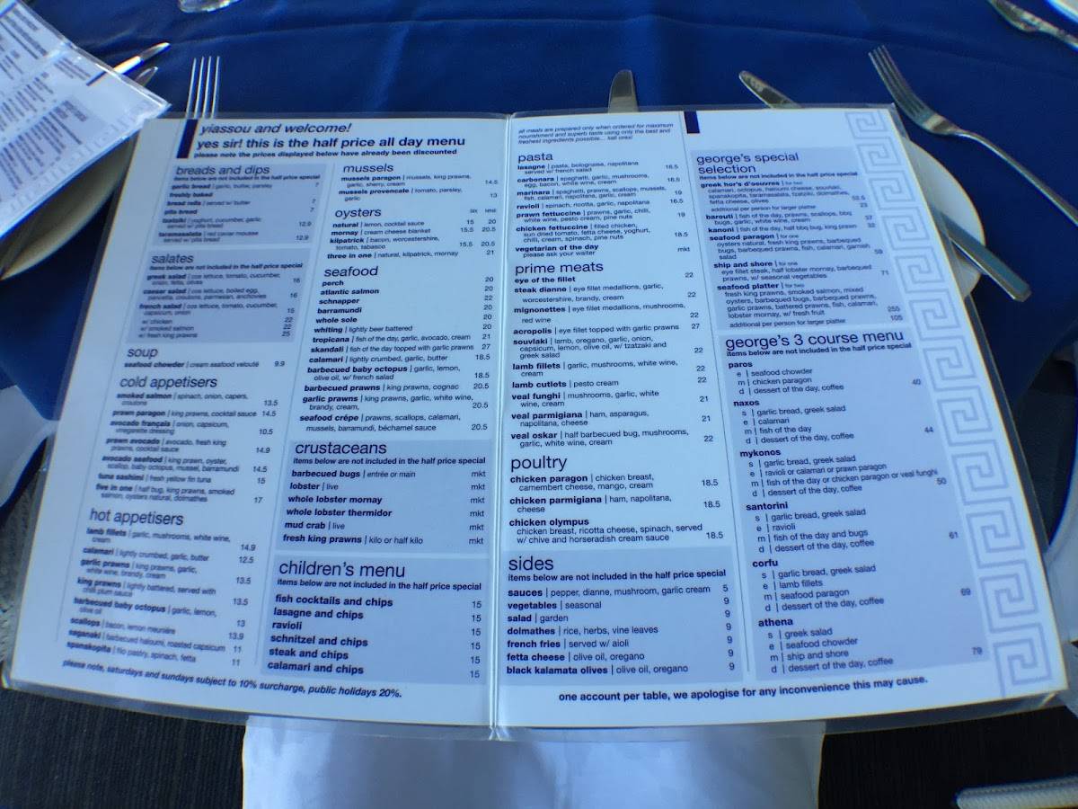Menu at George's Paragon Seafood Restaurant - Sanctuary Cove, Hope ...