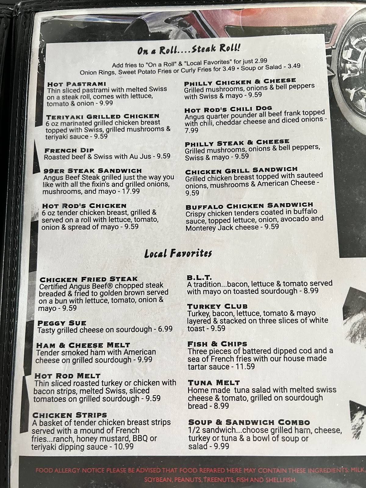 Menu at Hot Rod Diner restaurant, Turlock