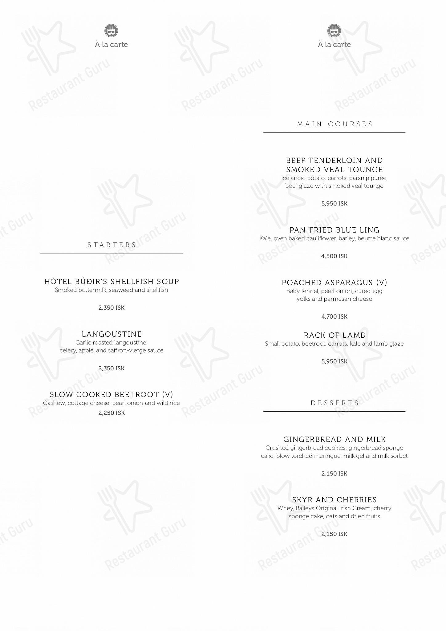 Menu at Hotel Budir restaurant, Iceland
