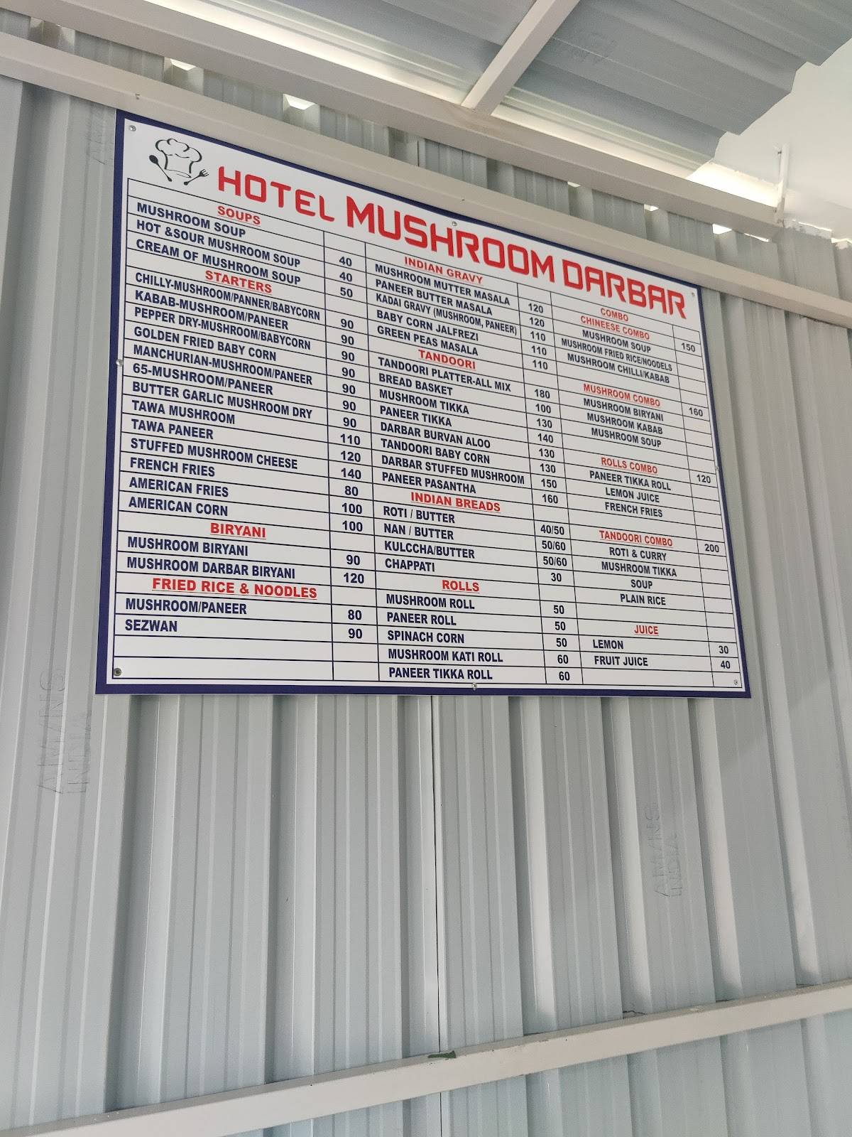 Menu at Hotel Mushroom Darbar, Bengaluru