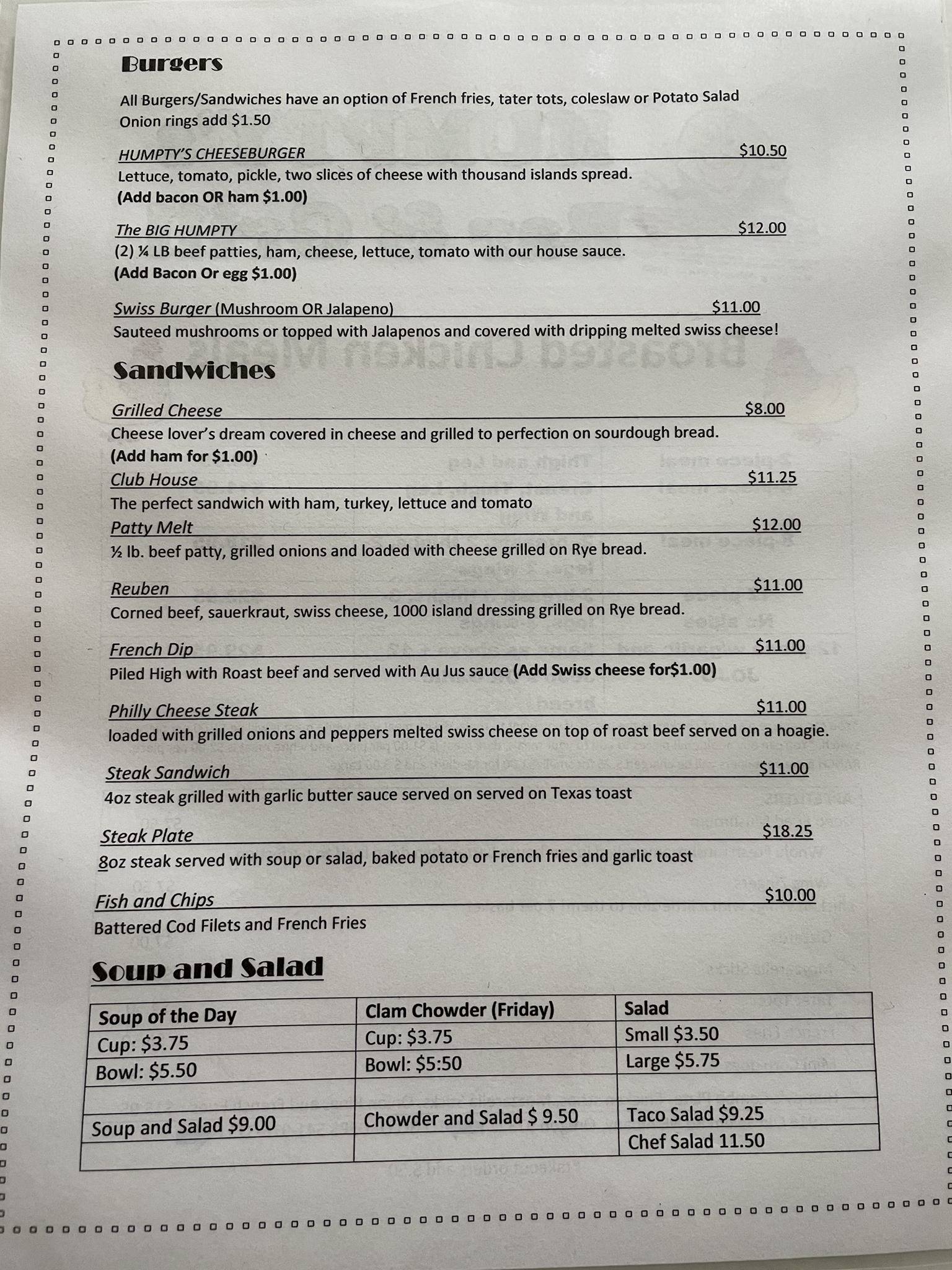 Menu at Humpty's Dump Bar & Grill, Albany