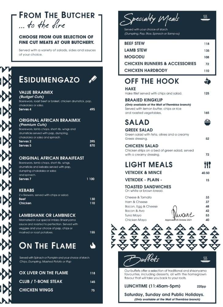 Menu at Imbizo Shisanyama @ Mall of Thembisa restaurant, Tembisa