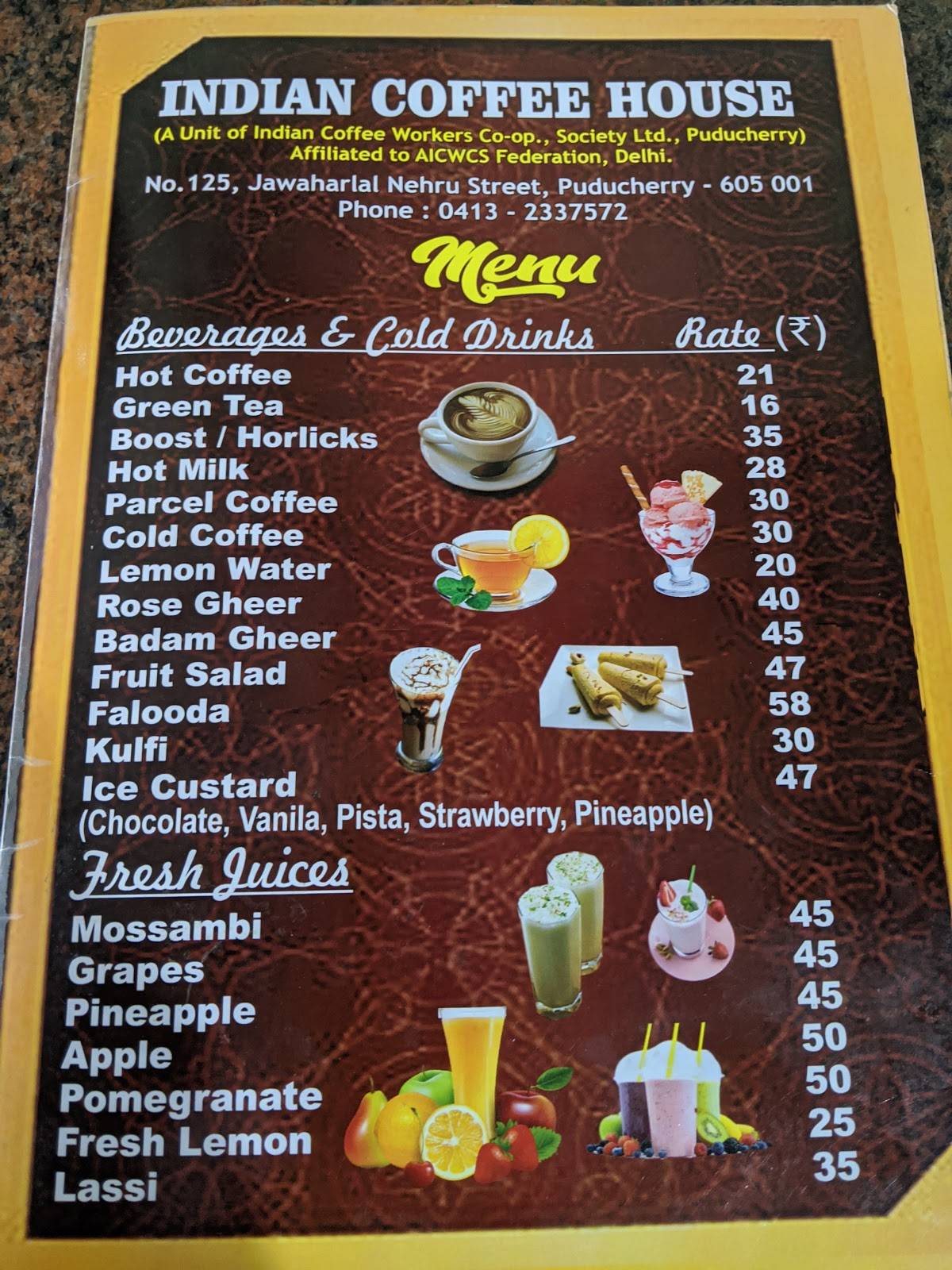 Menu at Indian Coffee House, Puducherry, 125