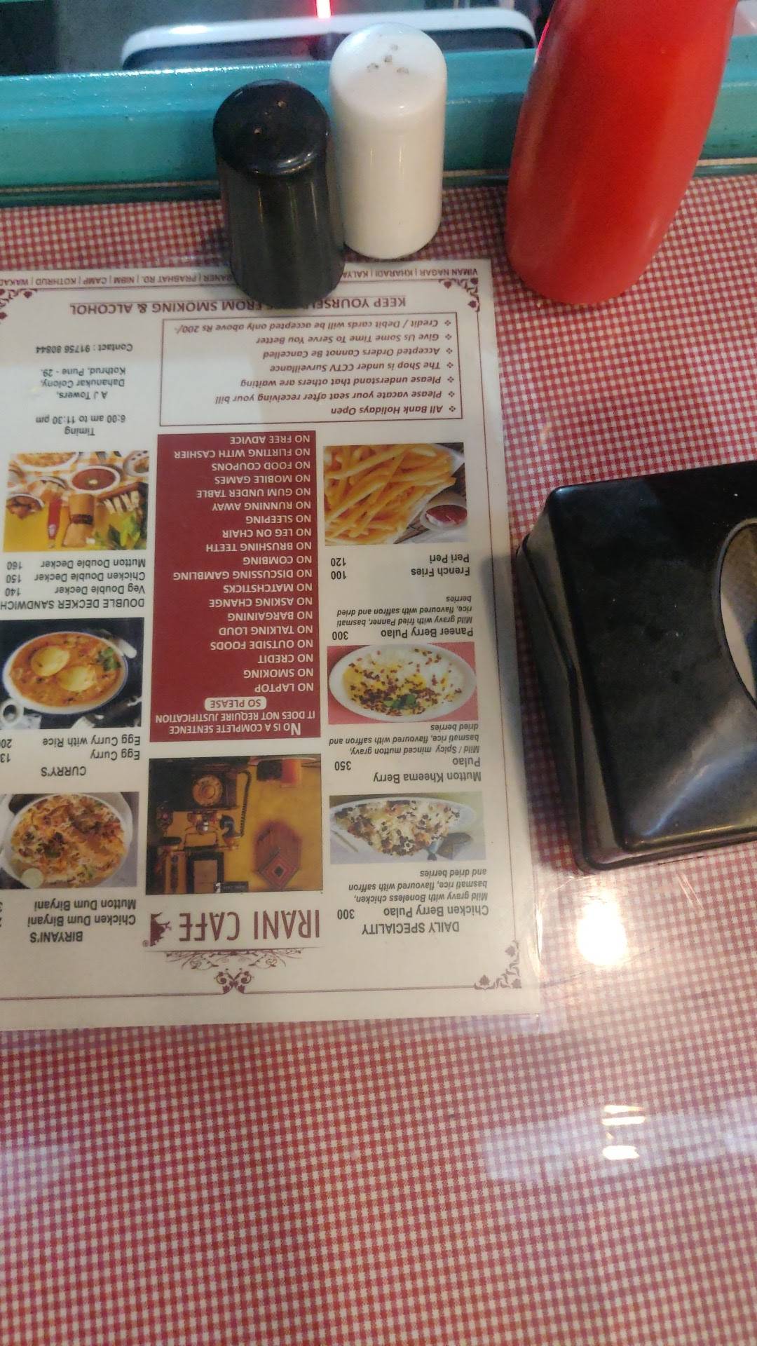Menu at Irani Cafe, Pune
