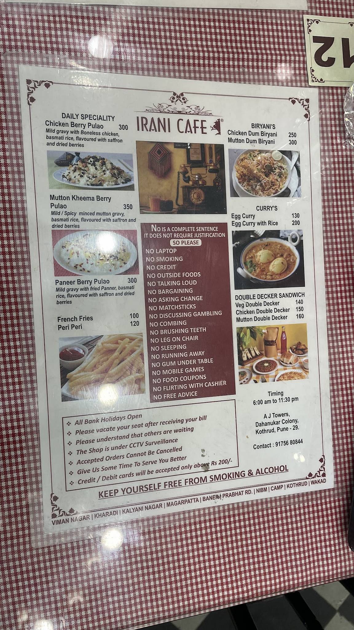 Menu at Irani Cafe, Pune