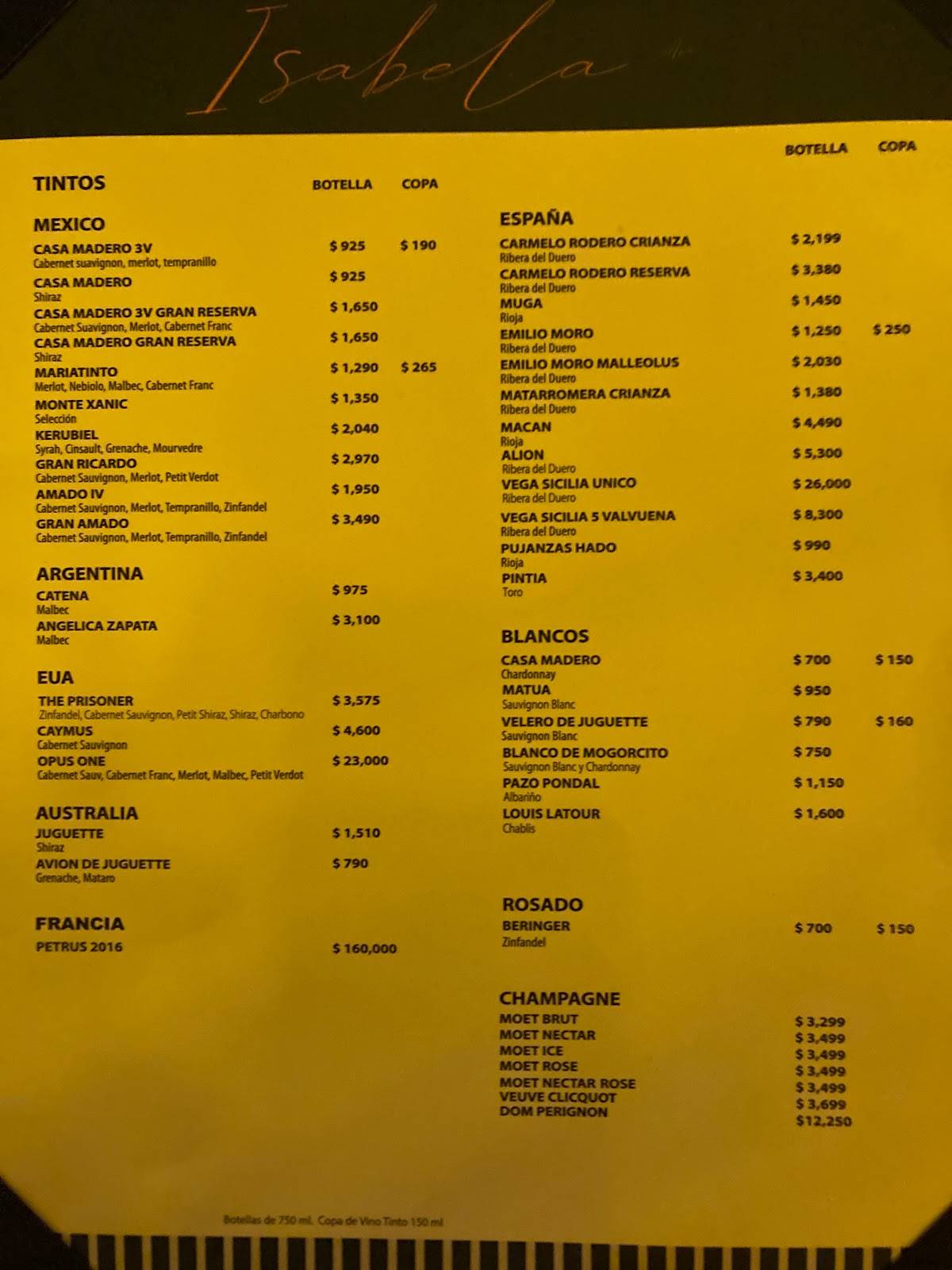 Carta del restaurante Isabela MX, Zapopan