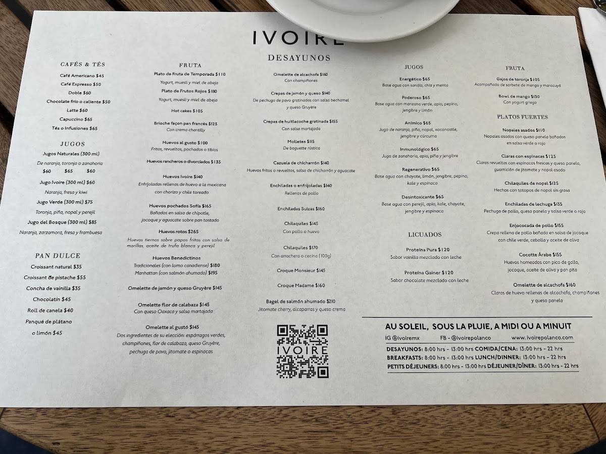 Carta del restaurante Ivoire, Ciudad López Mateos
