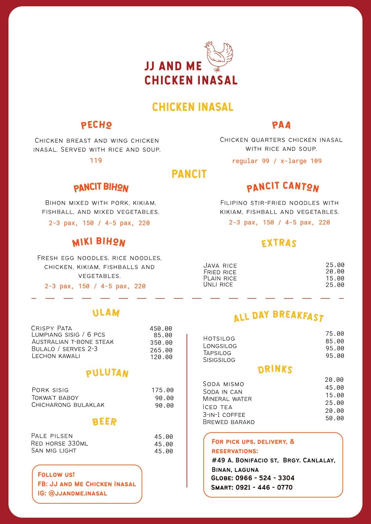 Menu at JJ and ME Chicken Inasal restaurant, Biñan