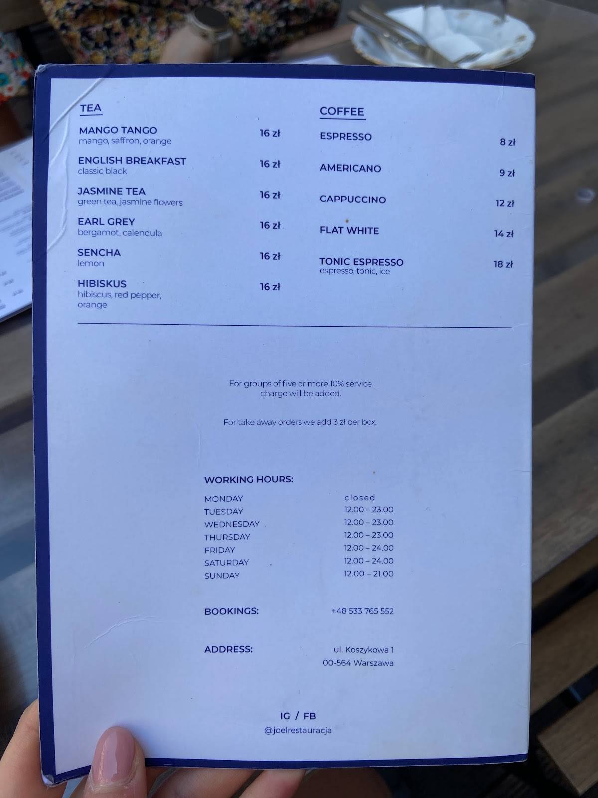 Menu at JOEL SHARING CONCEPT restaurant, Warsaw