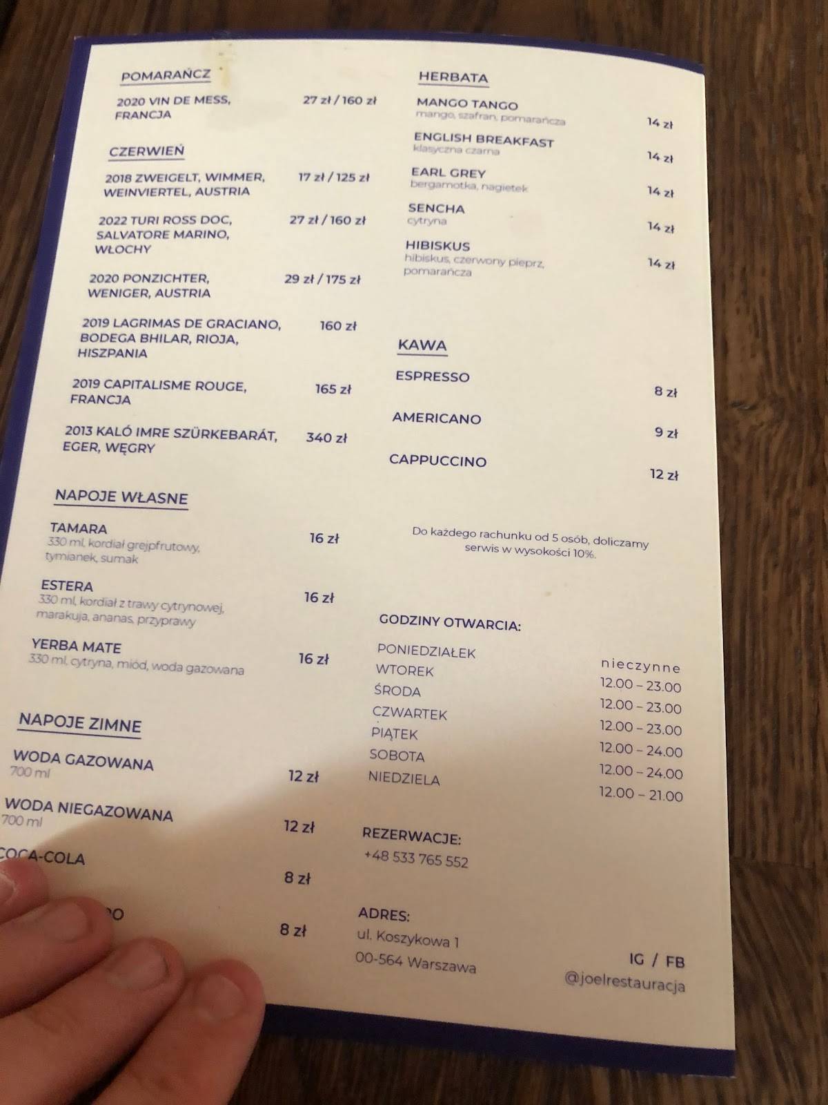 Menu at JOEL SHARING CONCEPT restaurant, Warsaw