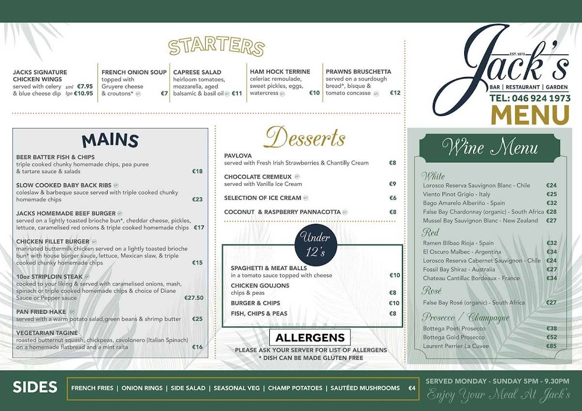 Menu at Jacks Bar and Garden, Kells