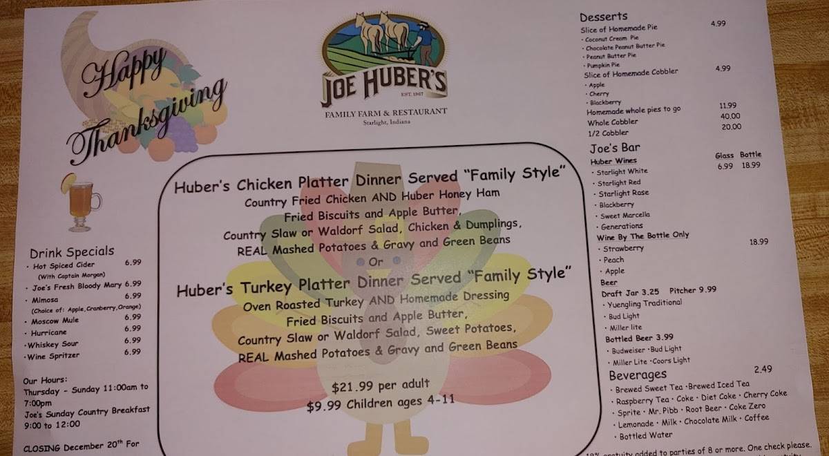 Menu at Joe Huber's Family Farm & Restaurant, USA